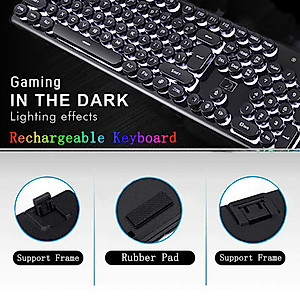 Gaming Keyboard and Mouse,Soke-Six 2.4G Wireless Retro Punk Typewriter-Style Backlit Keyboard Mice Combo,4800mAh Battery,Mechanical Feel,Anti-ghosting,Crystal Panel Round Keycaps (Black+White Light)