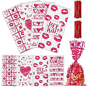 Aneco 100 Pack Valentine's Cellophane Bags 4 Styles Valentine Candy Cookie Bags Plastic Valentine's Gift Bags Cellophane Bags with Twist Ties for Valentine's Party Favor Supplies
