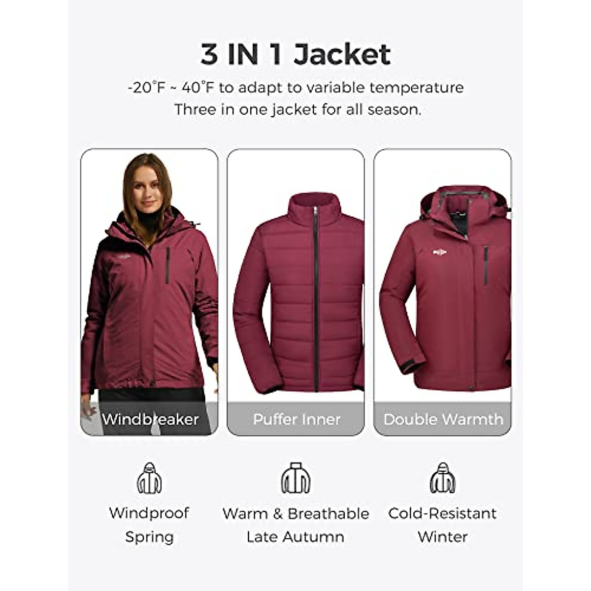 wantdo Women's Waterproof 3 in 1 Ski Jacket Windproof Snowboarding Jackets Rainwear Wine Red 2XL