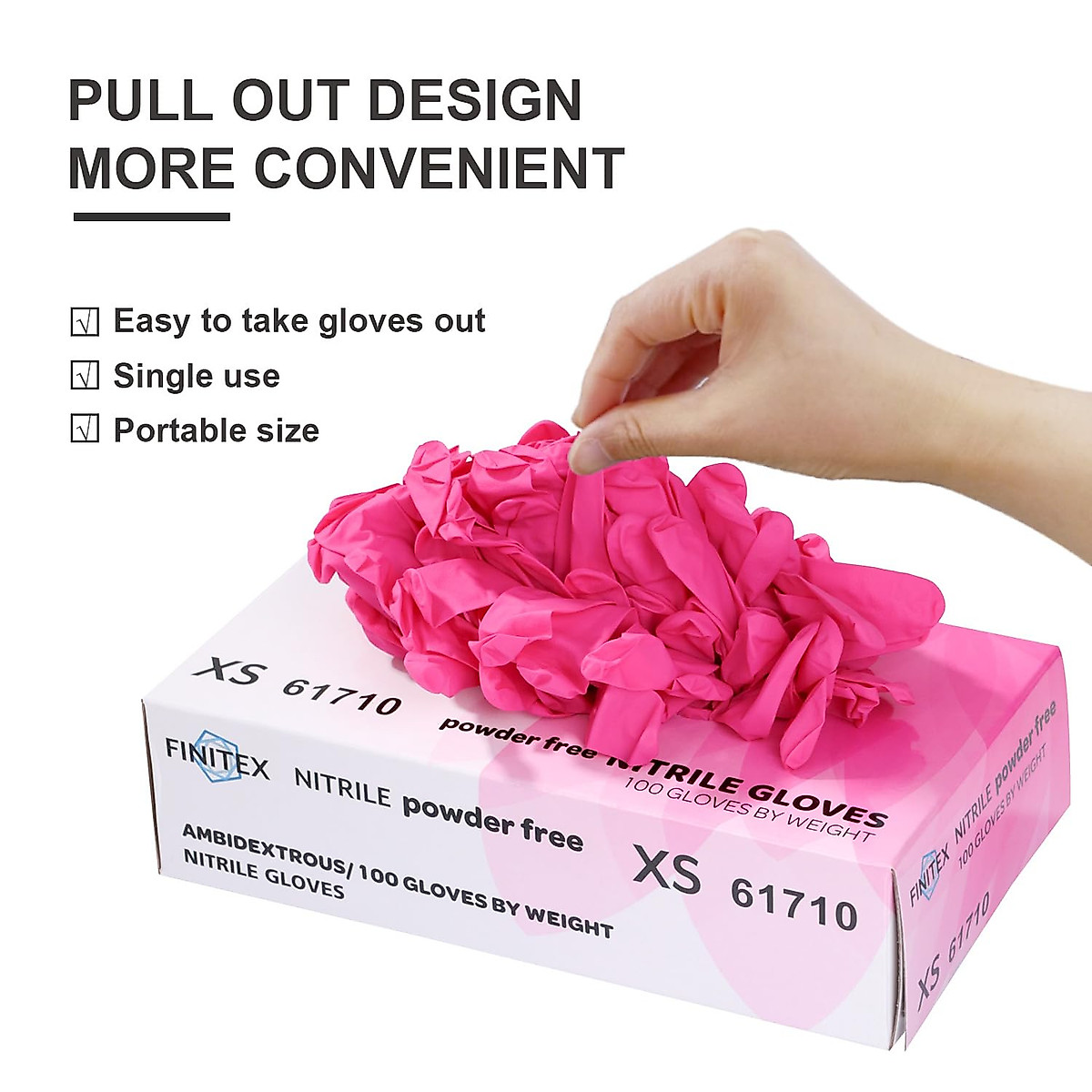 FINITEX Pink Nitrile Disposable Latex-Free Gloves - 3.5mil 100PCS/Box Powder-Free 9inch Gloves Guantes de Nitrilo Cleaning Medical Exam Food Cooking Gloves(100, X-Small)