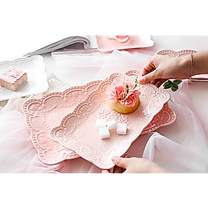 Jusalpha® Fine China Rectangle Embossed Lace Plate (12 Inches, Pink, 2 Set)