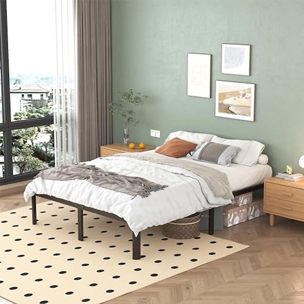 Lutown-Teen 14 Inch Full Size Bed Frame with Rounded Corner Legs, Sturdy Mattress Foundation, Heavy Duty Metal Full Platform No Box Spring Needed, Noise Free, Easy Assembly, Black
