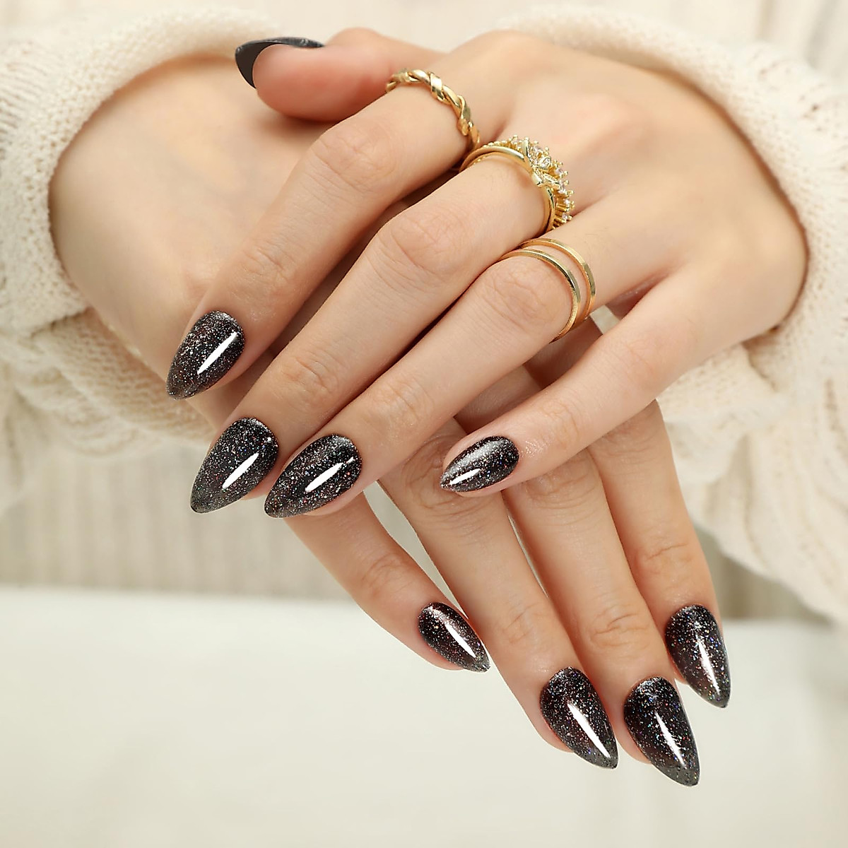 Press On Nails Short Almond, SHOWMORE Black Glitter Fake Nails Medium Sparkly Stiletto Nails Galaxy Glue On Nails False Nails with Design Stick On Nails in 12 Sizes 24 Nail Kit with Glue (Handmade)