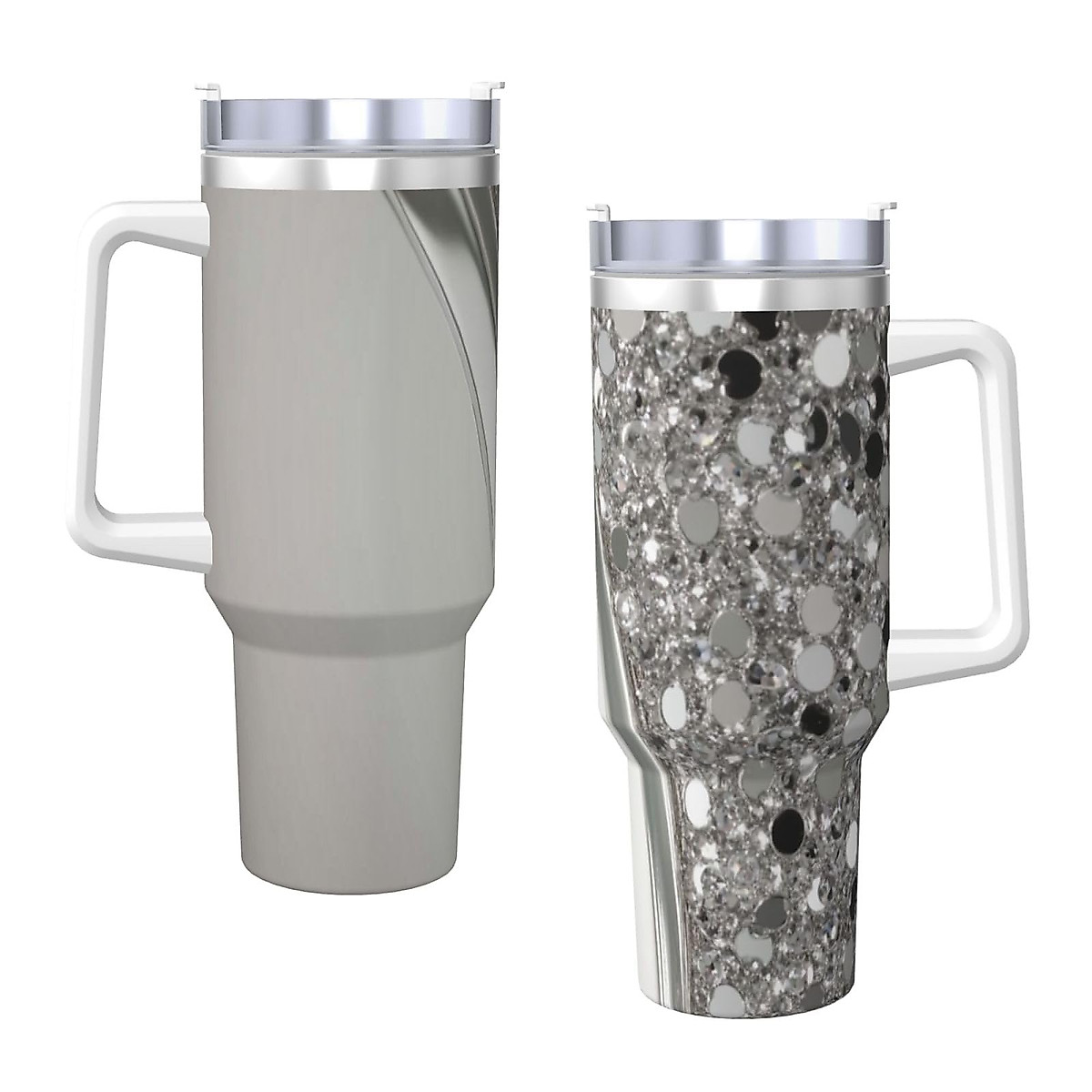Zsuugj Silver Sparkle Glam Bling 40 Oz Tumbler With Handle And Straw Lid Car Cup Stainless Steel Water Bottles Insulated Coffee Cup Travel Mug Gifts For Men Women