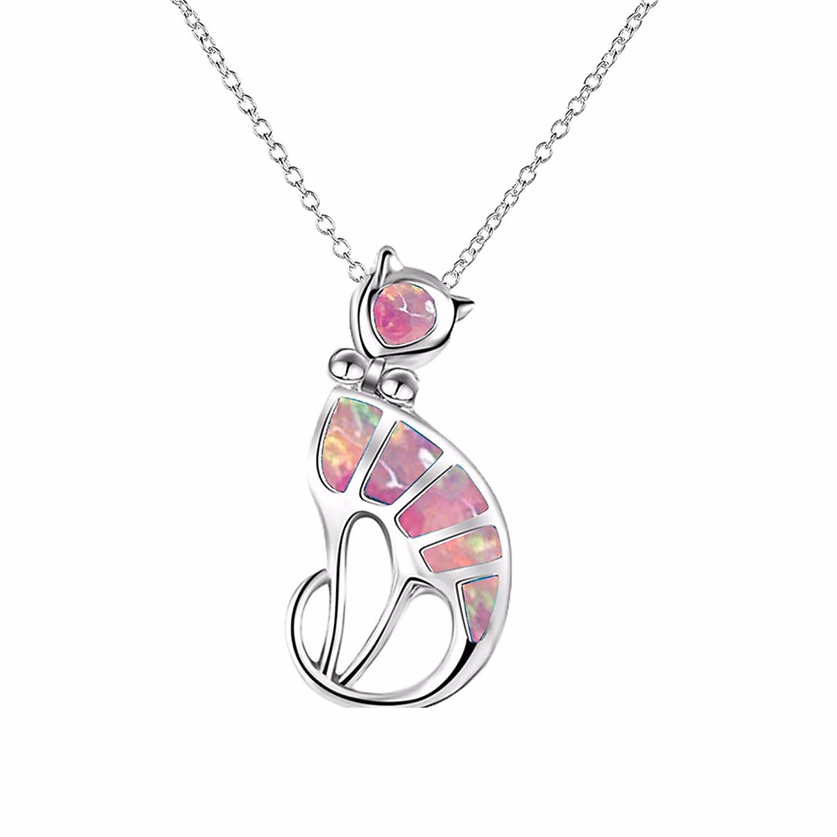 Beiswe Unique Design Animal Cat Pendant Necklace Blue Fire Opal Silver Plated Long Chain Necklace for Women Jewelry Birthday Gift (Pink)