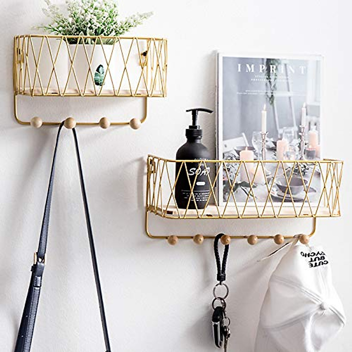 DoxiGlobal Wall Mount Mail Holder Entryway Storage Organizer with Shelf Wood Key Hooks Metal Mail Sorter Coat Rack Wire Mesh Storage Basket for Magazines Keys Wallets Leashes Plant (Gold, S-4 Hooks)