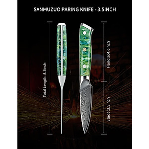 SANMUZUO 3.5 Inch Paring Knife - Kitchen Fruit Vegetable Knife Damascus Steel & Resin Handle - XUAN Series (Jade Green)