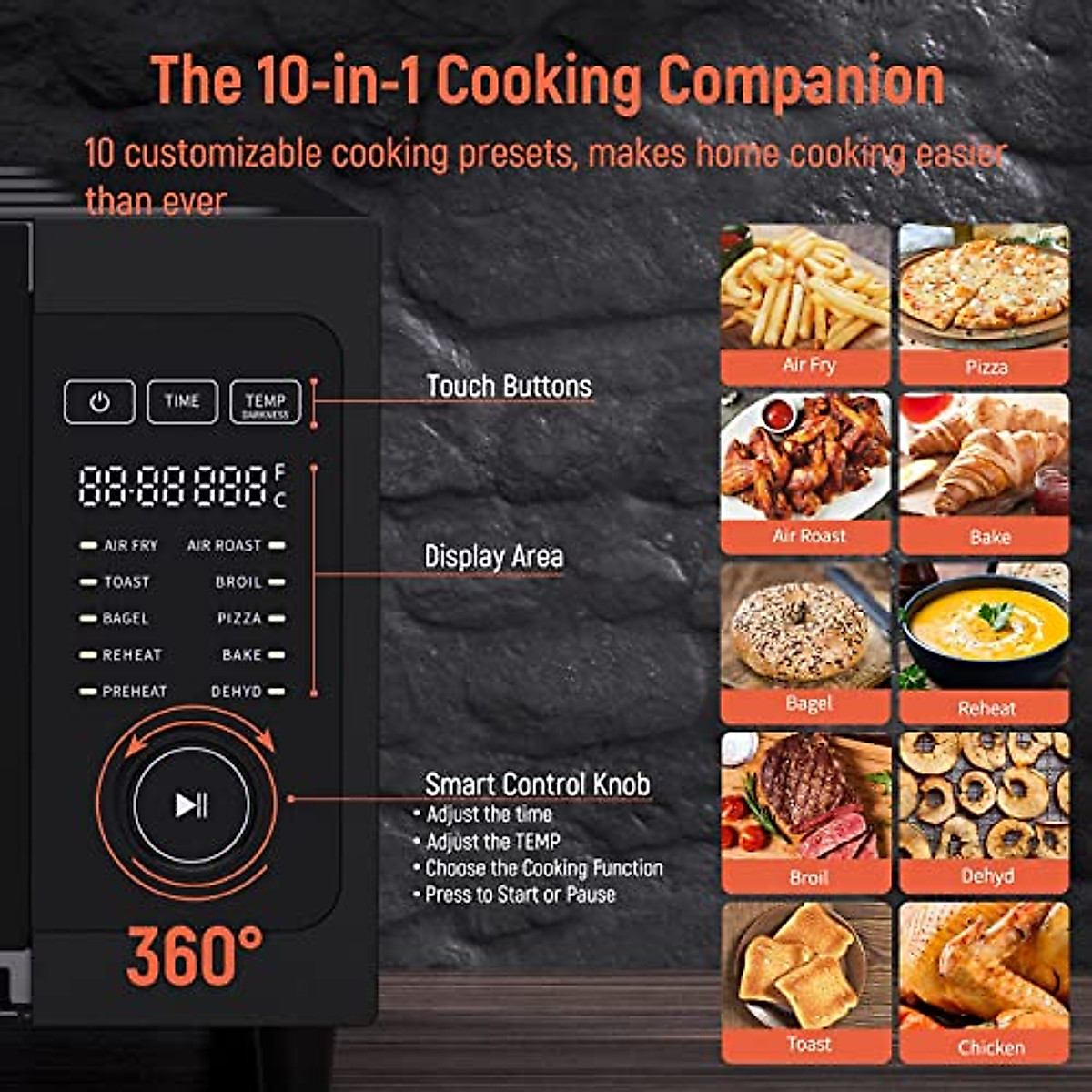 Air Fryer Toaster Oven Combo, Fabuletta 10-in-1 Countertop Convection Oven, Oil-Less Air Fryer Oven Fit 13" Pizza, 9 Slices Toast, 5 Accessories, 1800W, Dehydrate, Reheat, Bake (Black)