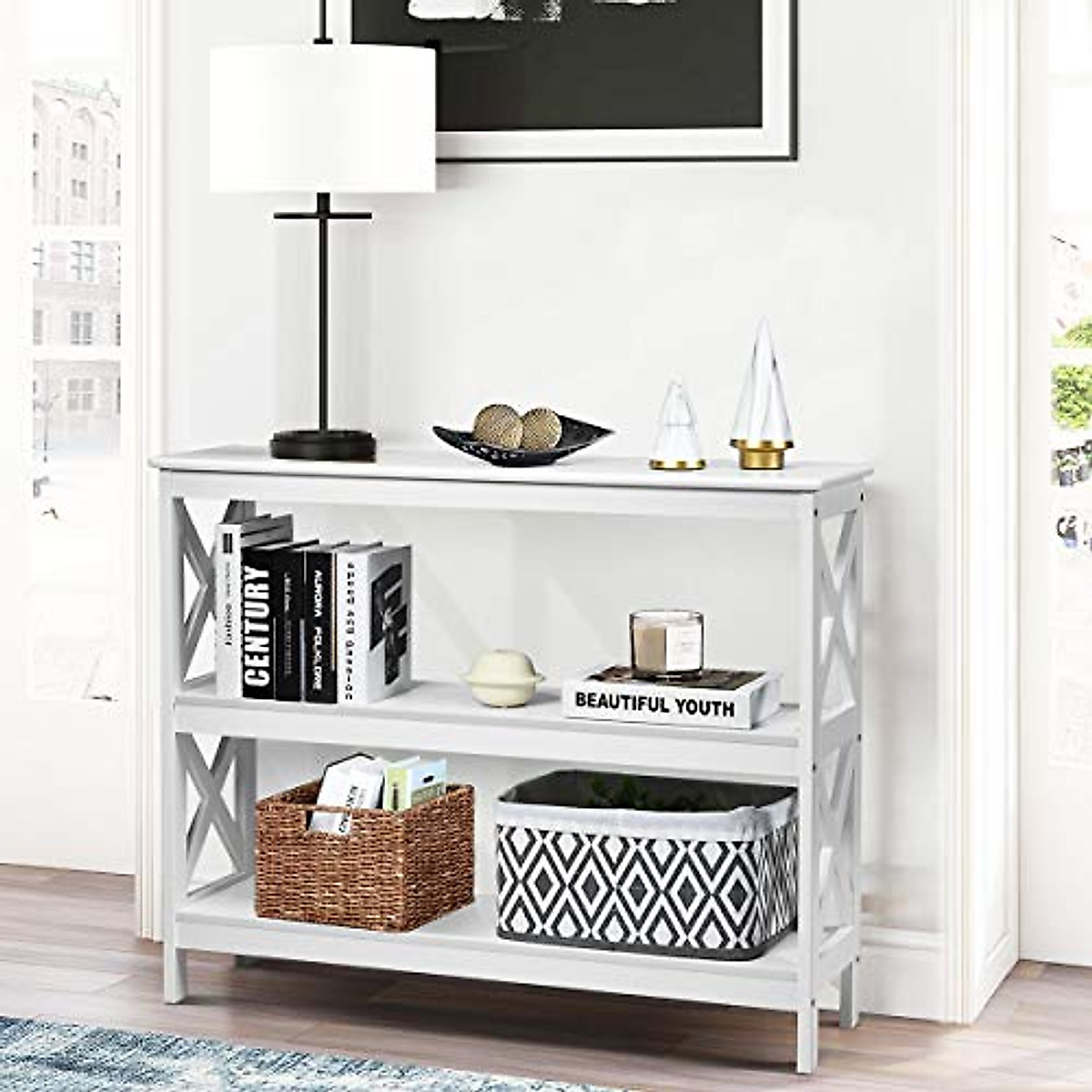 Giantex 3-Tier Narrow Console Table, Rustic Sofa Table with Storage Shelf, X-Design Bookshelf, Skinny Foyer Table, Behind Couch Table, Entryway Table for Hallway Living Room, Entry Table, White