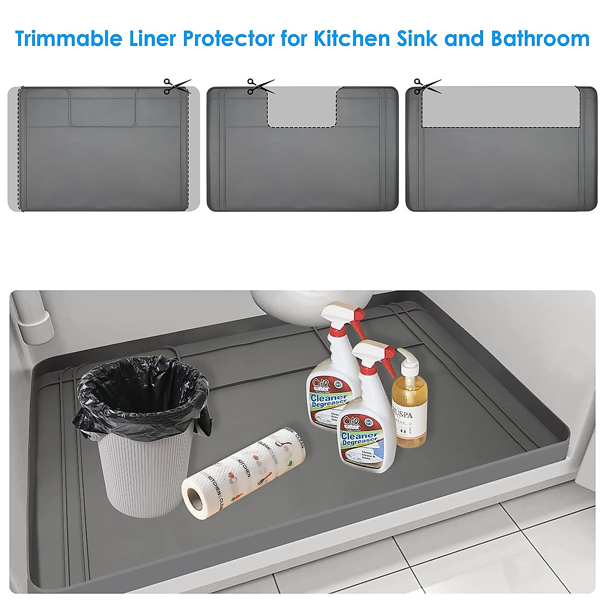 Kqiang Under Sink Mat 34" x 22" Cabinet Liner for Kitchen Waterproof Trimmable Reusable Silicone Under Sink Mat Raised Edge Cabinet Liner Protector for Kitchen Bathroom