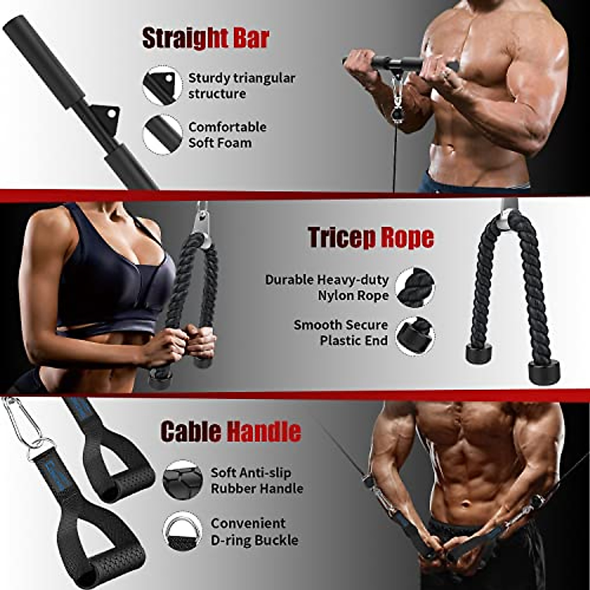 Concho Cable Pulley System Gym, Upgraded Weight Pulley System with 3 Detachable Handles, LAT and Lift Pulley Attachments for Biceps Curl, Triceps, Chest Workout - DIY Home Gym Fitness Equipment