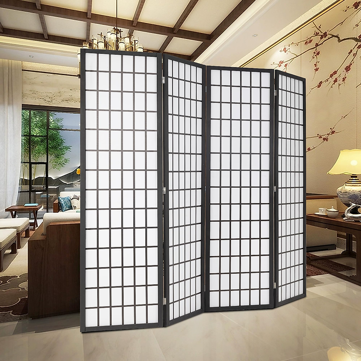 Room Divider 6Ft Folding Oriental Shoji Screen - Portable Privacy Divider with 4 Panels, Freestanding Japanese-Inspired Wood Partition Screen, White