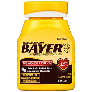 Genuine Bayer Aspirin 325mg Coated Tablets, Pain Reliever and Fever Reducer, 200 Count