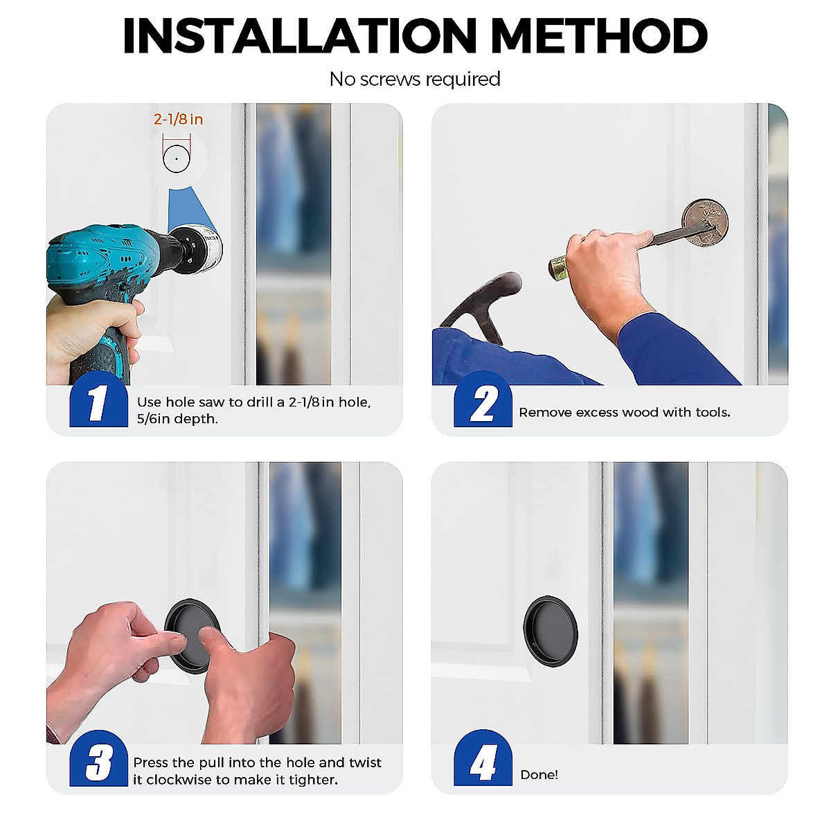 Ravinte 4 Pack Closet Door Finger Pull 2-1/8", Sliding Closet Door Hardware Easy Snap-in Installation, No Nails Needed
