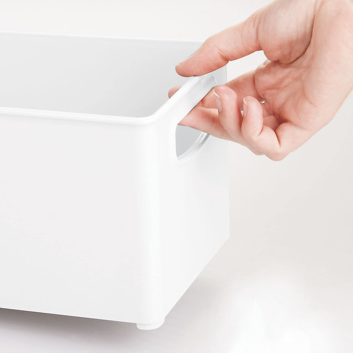 mDesign Plastic Stackable Kitchen Organizer - Storage Bin with Handles for Refrigerator, Freezer, Cabinet, and Pantry Shelves Organization - Food Container - Ligne Collection - 4 Pack - White