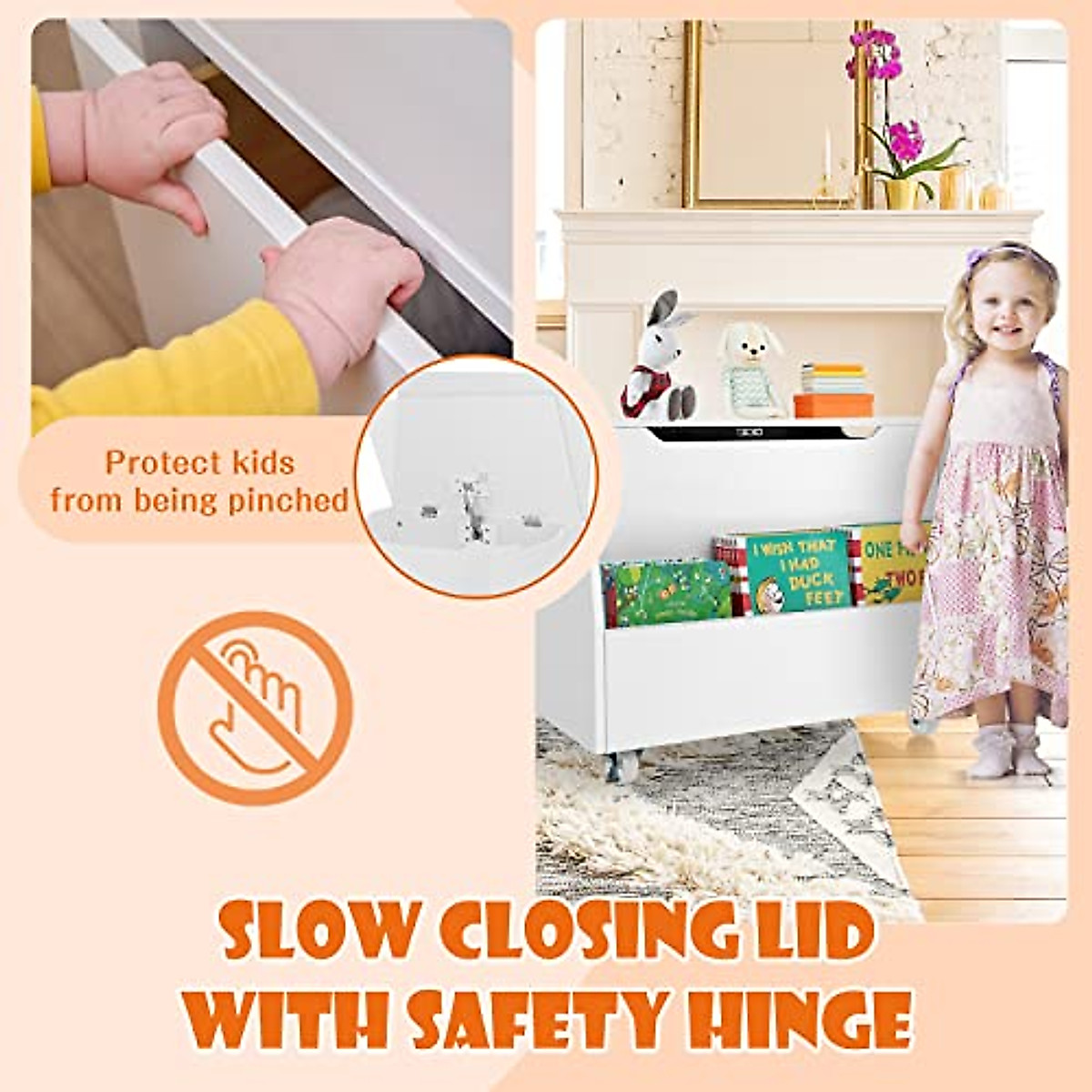 HONEY JOY Kids Wooden Toy Box, 3-In 1 Large Toy Storage Chest with Bookshelf, Flip-Top Lid, Safety Hinge & Cut-out Handle, Toddler Toy Storage Bench with Wheels, for Nursery, Bedroom, Playroom, White