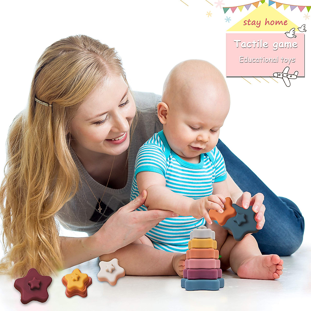 Promise Babe Silicone Stacking Toys Heart Shape Stacking Blocks Soft Baby Toy 6pcs Building Stacker