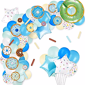 Levfla Blue Donut Balloons Garland Boy Pastel Green Decoration Kits Sprinkles Confetti Doughnut Backdrop with Cutouts Kids Birthday Party Balloons Arch Photo Props Favor Ideas Supplies