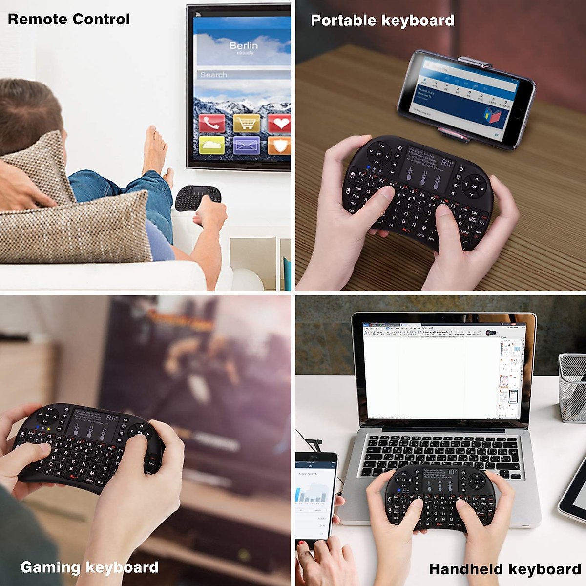 Rii Mini Wireless Bluetooth Keyboard with Touchpad, Support Bluetooth +(RF) 2.4GHz Wireless Connection for Smartphones, PC, Tablet, Laptop TV Box iOS Android Windows Mac.Black