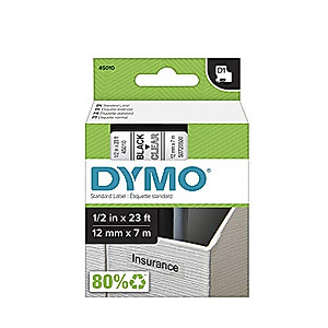 DYMO Standard D1 45010 Labeling Tape (Black Print on Clear Tape, 1/2'' W x 23' L, 1 Cartridge), DYMO Authentic