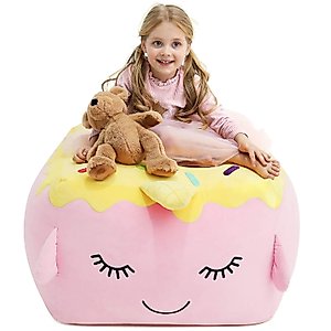Stuffed Animal Storage Bean Bag Chair Cover for Kids, 24x24 Inch Velvet Extra Soft Large Storage Bean Bag for Organizing Children Plush Toys Room Decor for Girls(Cover Only)