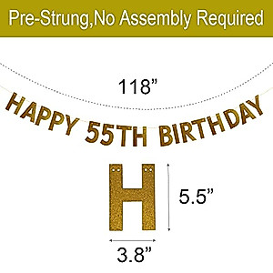 HAPPY 55TH BIRTHDAY Banner，Pre-strung，No Assembly Required，55th Birthday Party Decorations Supplies，Gold Glitter Paper Garlands Backdrops, Letters Gold Betteryanzi