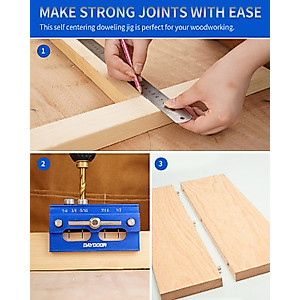 DAYDOOR Self Centering Doweling Jig Kit, Adjustable Width Dowel Jig for Woodworking, Centering Jig for Straight Holes Biscuit Joiner Set with 6 Bushings(Blue)