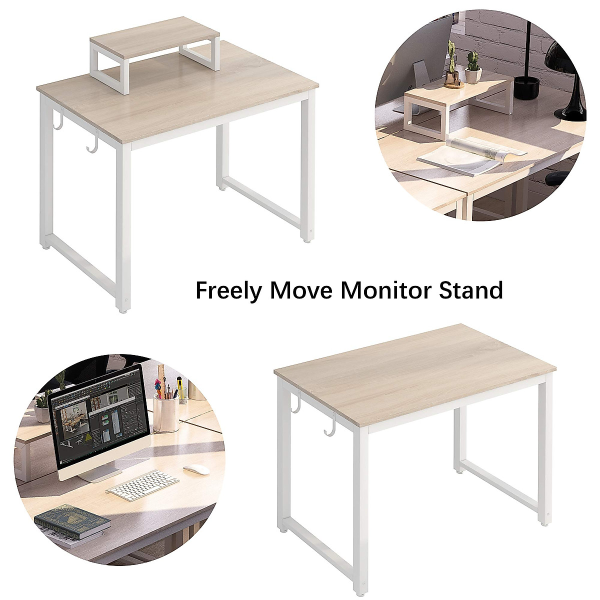 JSB Small Computer Office Desk 39" with Freely Move Monitor Stand and 4 Hooks, Study Writing Table PC Home Office Desk - Natural & White