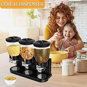 Hedday Triple Canister Cereal Dispenser, Plastic Dry Food Cereal Dispenser Container Machine Storage Bottles for Home and Kitchen(Black)