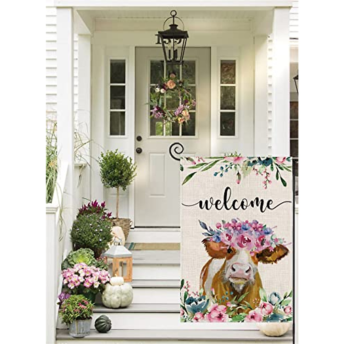 Spring Welcome Cow with Flowers Garden Flag for Outdoor Small Yard Flag for Outside Seasonal Decor for Summer Farmhouse Holiday 12x18 Inch Double Sided