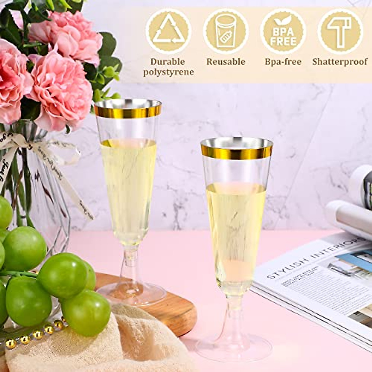 CHENGU 200 Pack Champagne Flutes Plastic 5 Oz Plastic Wine Glasses Plastic Toasting Champagne Flutes for Wedding Party Disposable Plastic Champagne Glasses Cocktail Cups for Celebration (Gold)