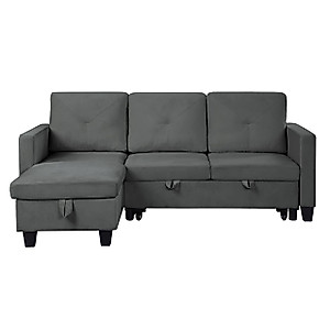 TUTB 82.5'' L-Shape Convertible Sleeper Sectional Sofa with Storage Chaise and Pull-Out Bed, Velvet Upholstered Reversible Corner 3 Person Couch, for Living Room, Apartment, Dark Gray