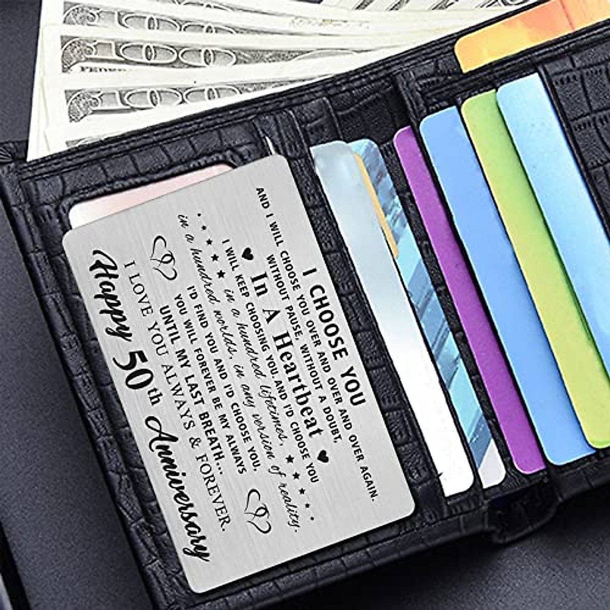 50th Year Anniversary Card Gifts for Him Husband, Happy, 50 Wedding Anniversary Cards Gift for Men, Engraved Metal Wallet Insert