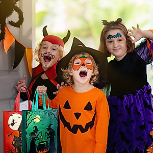 Paterr 30 Pcs Large Halloween Trick or Treat Bags Multifunctional Non Woven Halloween Tote Bags with Handles 6 Patterns Design Halloween Bags for Candy Wrapping Party Supplies, 11.8'' x 3.1'' x 15''