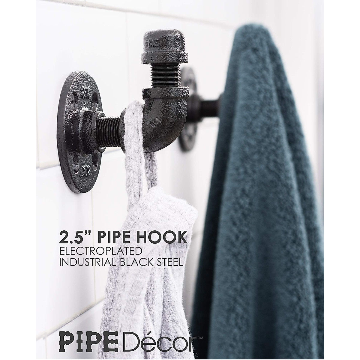 Towel and Robe Hook Set by Pipe Decor, Heavy Duty DIY Style, Rustic and Chic Industrial Iron Pipe Electroplated Black Finish, 3 Hooks Perfect for Bathroom Towels, Robes, or Coats, Oil and Rust Free
