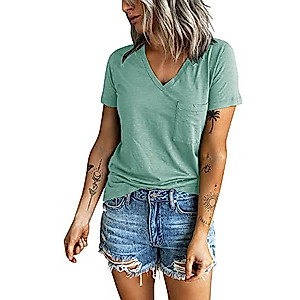 Sunborui Women's Summer Short Sleeve V Neck T Shirts Pocket Solid Loose Casual Tee Tops (Light Green,Medium)