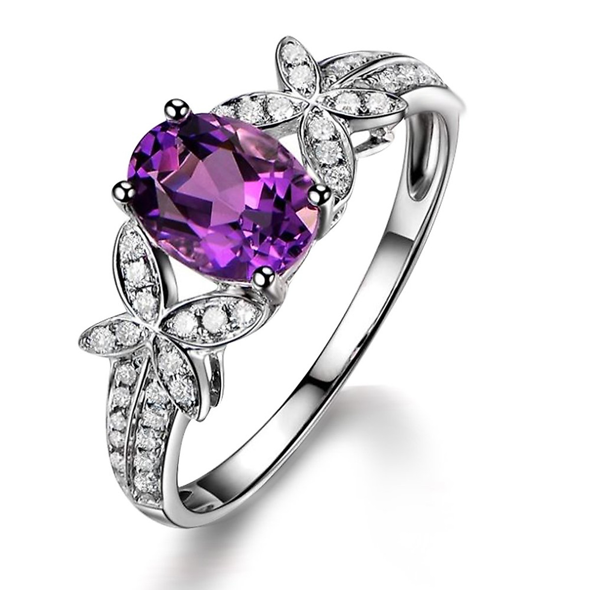 Unique Fashion 1.5ct Brazilian Amethyst Gemstone Real Diamond 14K White Gold Engagement Wedding Promise Ring for Women