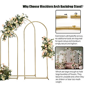 Vincidern Wedding Arch Backdrop Stand Set of 3 (6.6FT,5.9FT,4.9FT), Balloon Arch Stand, Metal Arch Backdrop Stand for Birthday Party, Wedding Arches for Ceremony Decoration Backdrop Door Frame Gold