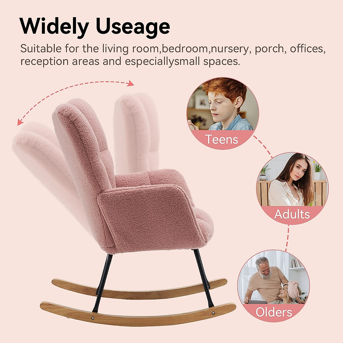 Nursery Rocking Chair Teddy Fabric Padded Seat with High Backrest and Armrest Accent Chair Upholstered Armchair Single Sofa Accent Glider Rocker for Living Room Bedroom Offices (Pink Teddy)