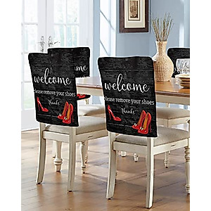 Dining Chair Back Covers, Welcome Please Remove Your Shoes Thanks Red High Heel Vintage Black Wooden Chair Covers Chair Slipcovers Protective Covers for Holiday Party Festival Decoration, Set of 4