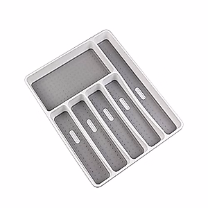LeMuna Silverware Tray for Drawer, Plastic Cutlery Tray Kitchen Drawer Organizer, 6 Compartment Flatware Cutlery Organizer, Soft-Grip Lining and Non-Slip Rubber Feet
