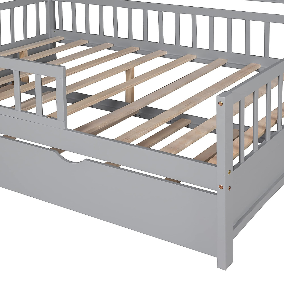 P PURLOVE Full Size House Bed Frame with Trundle,Montessori Bed Frame for Kids,Kids House Bed Frame with Shelf for,Full Size Daybed with Trundle with Slat,No Box Spring Need,Gray
