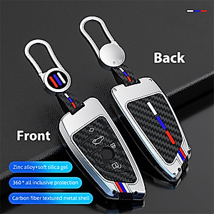 OLLEN Heavy Zinc Alloy Key Fob Cover, Fit for BMW 2 5 6 7 Series X1 X2 X3 X5 X6 GT Series, Full Protection Remote Fob Cover with Carbon Fiber Pattern, Blade Shape, Silver(1 Pcs)