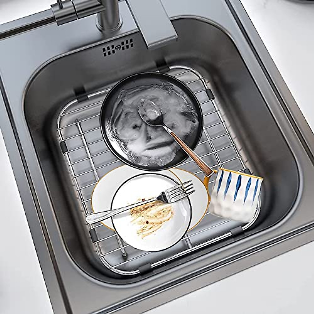 Orgneas Sink Protectors for Kitchen Sink, Universal Double Bowl Sink Bottom Grid 13.2"x11.6"x1.25", 304 Premium Stainless Steel Kitchen Sink Protector Grid Sink Grate Rack Rear Drain 2 Packs