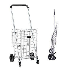 XYYSSM Iron 1100mm Telescopic Armrest 0.8mm 16# Round Tube 30kg Silver Foldable Shopping Cart, Shopping Cart with Dual Swivel Wheels for Groceries - Compact Folding Portable Cart Saves Space