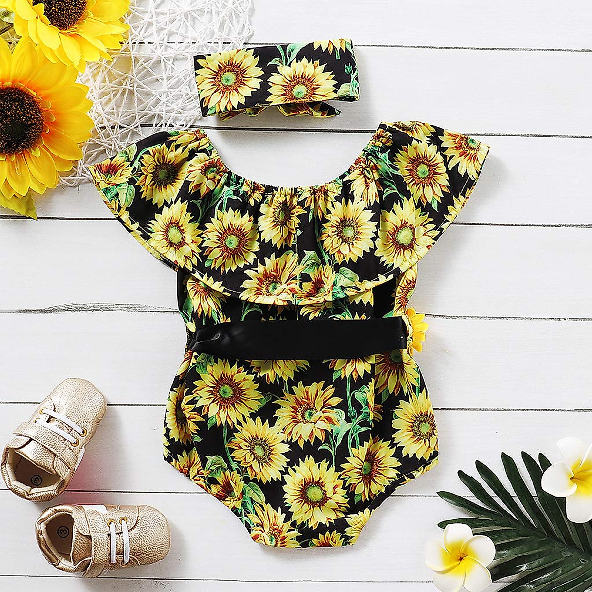 Newborn Infant Baby Girl Sunflower Outfit Floral Ruffle Romper Jumpsuit Bodysuit with Headband Clothes Set (0-6 Months, Baby Girl Off Shoulder Jumpsuit Romper)