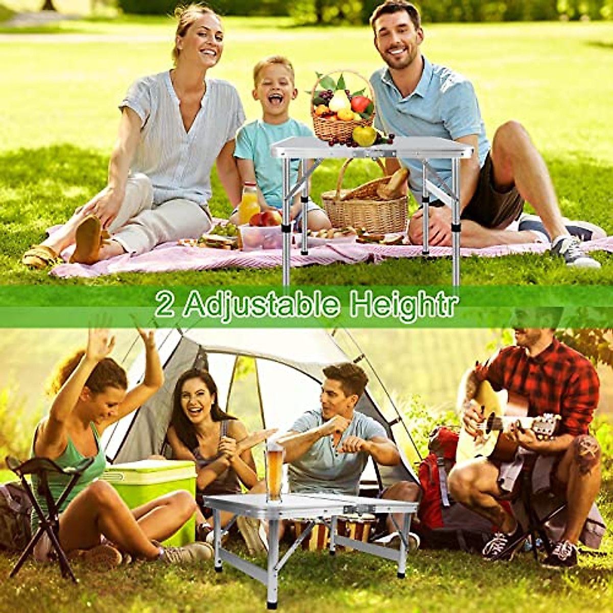 JUOIFIP Folding Camping Table Outdoor, 2 Adjustable Height Portable Folding Camping Table for Camp, Lightweight Aluminum Fold Up Camp Table for Picnic, BBQ, Party, Travel, Home Use. White