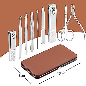 Manicure Set, FAMILIFE Manicure Kit - Nail Kit Mens Grooming Kit Pedicure Kit 9PCS Gifts for Men Boyfriend Nail Clipper Set Stainless Steel Professional Nail Set Care Manicure Tools Leather Case Brown