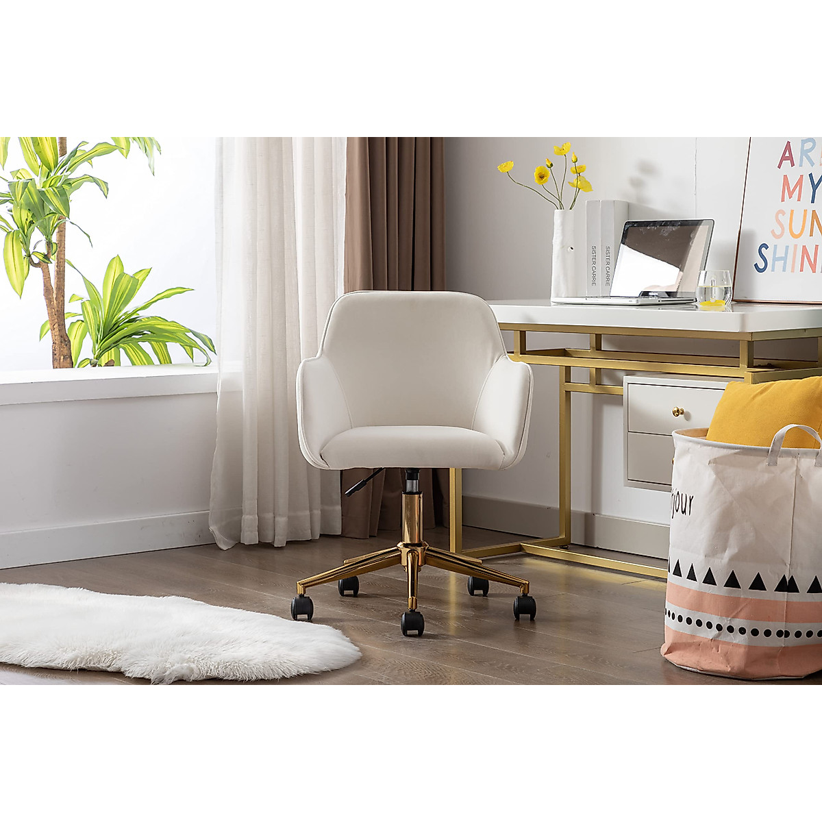 DBXII Modern 360°Swivel Velvet Office Chair Mid-Back Desk Chairs with Wheels Adjustable with Side Arms Gold Metal Base Cute Desk Chair for Bedroom, Home Office, Vanity Room (White + Velvet)