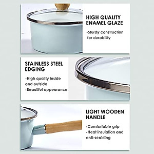 Saucepan, Enamel Sauce Pan Small Pot with Lid, Wooden Handle, 1.8 Quart (Blue)